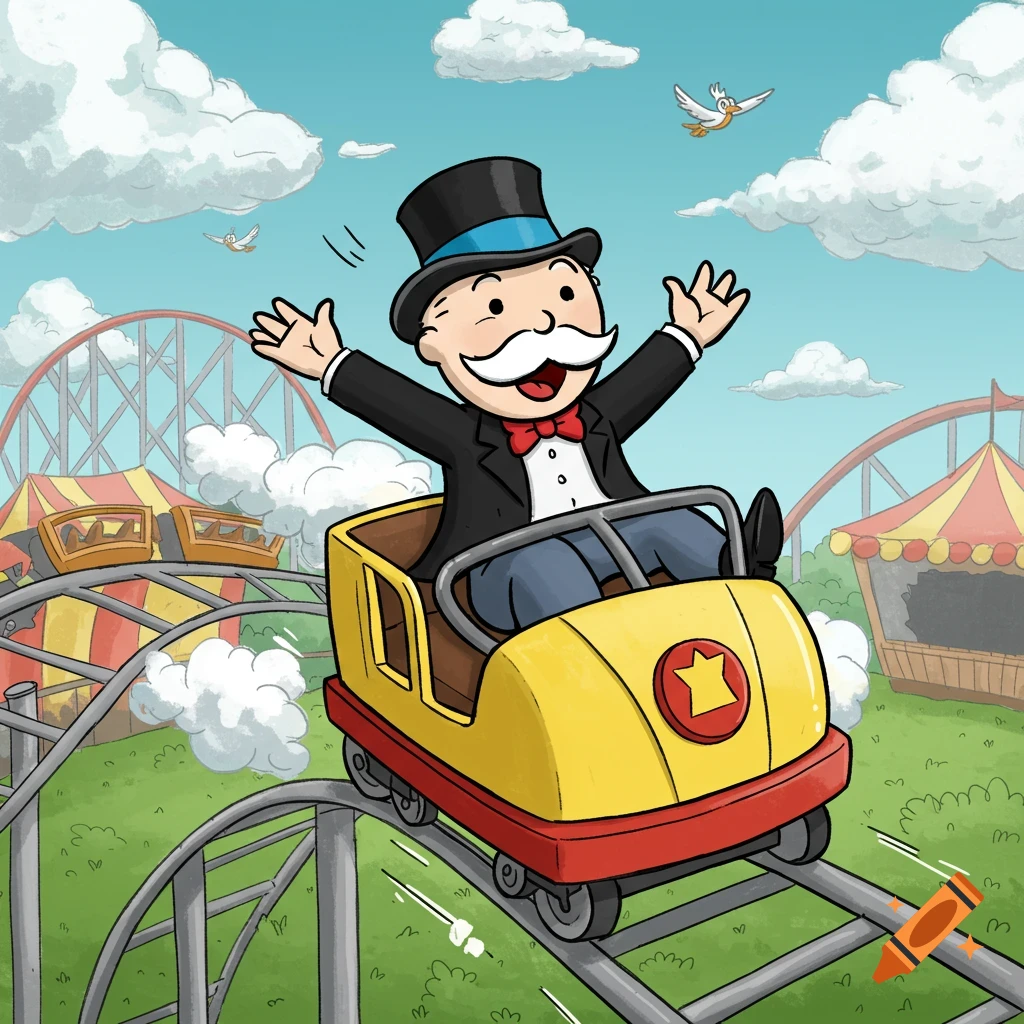 Mr. Monopoly rides a roller coaster at an amusement park in cartoon ...