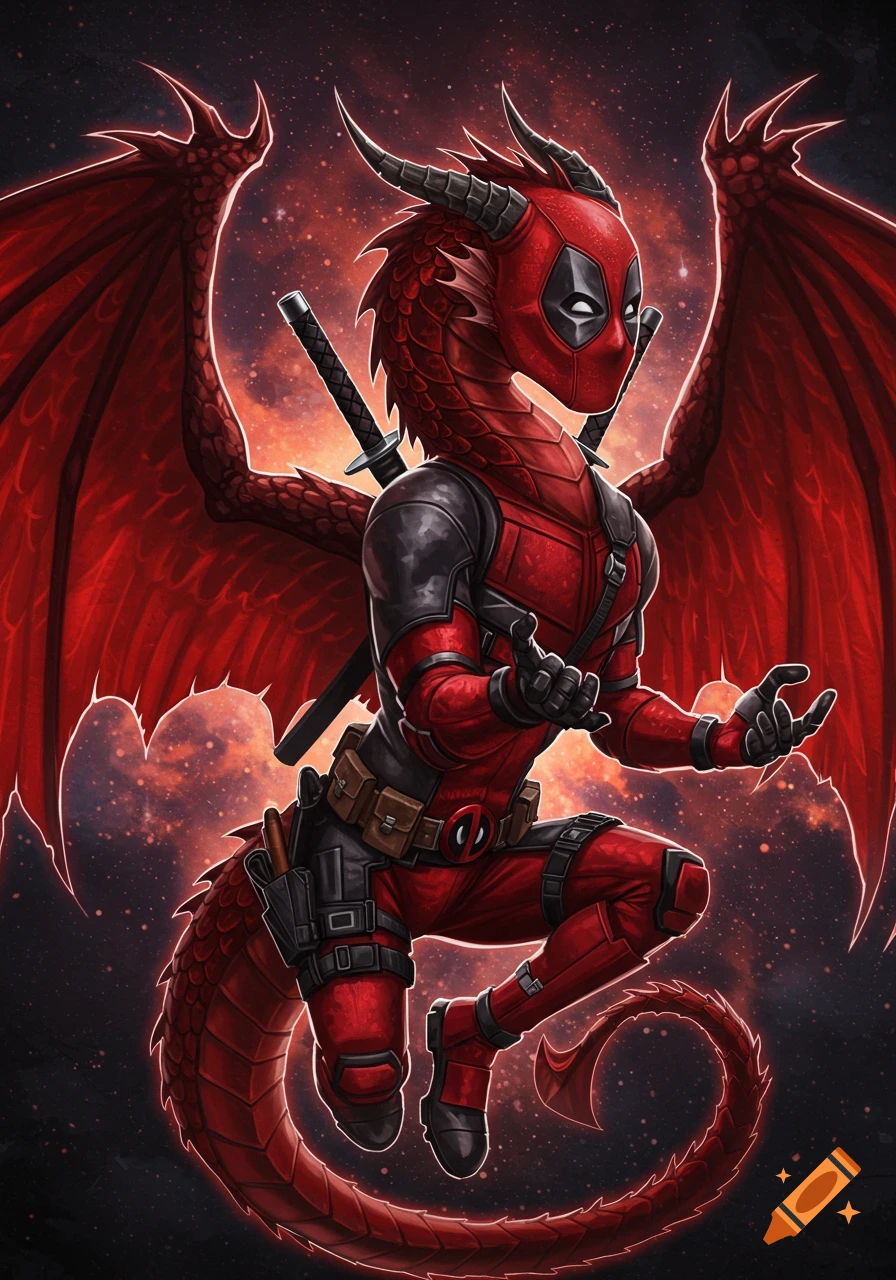 A red dragon wearing a Deadpool costume poses with outstretched claws ...