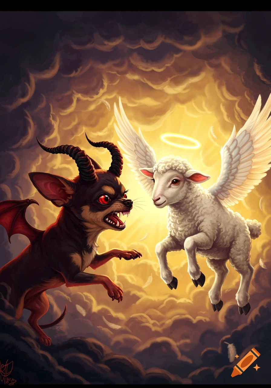 Demon chihuahua confronts angelic lamb in a cloudy sky. on Craiyon