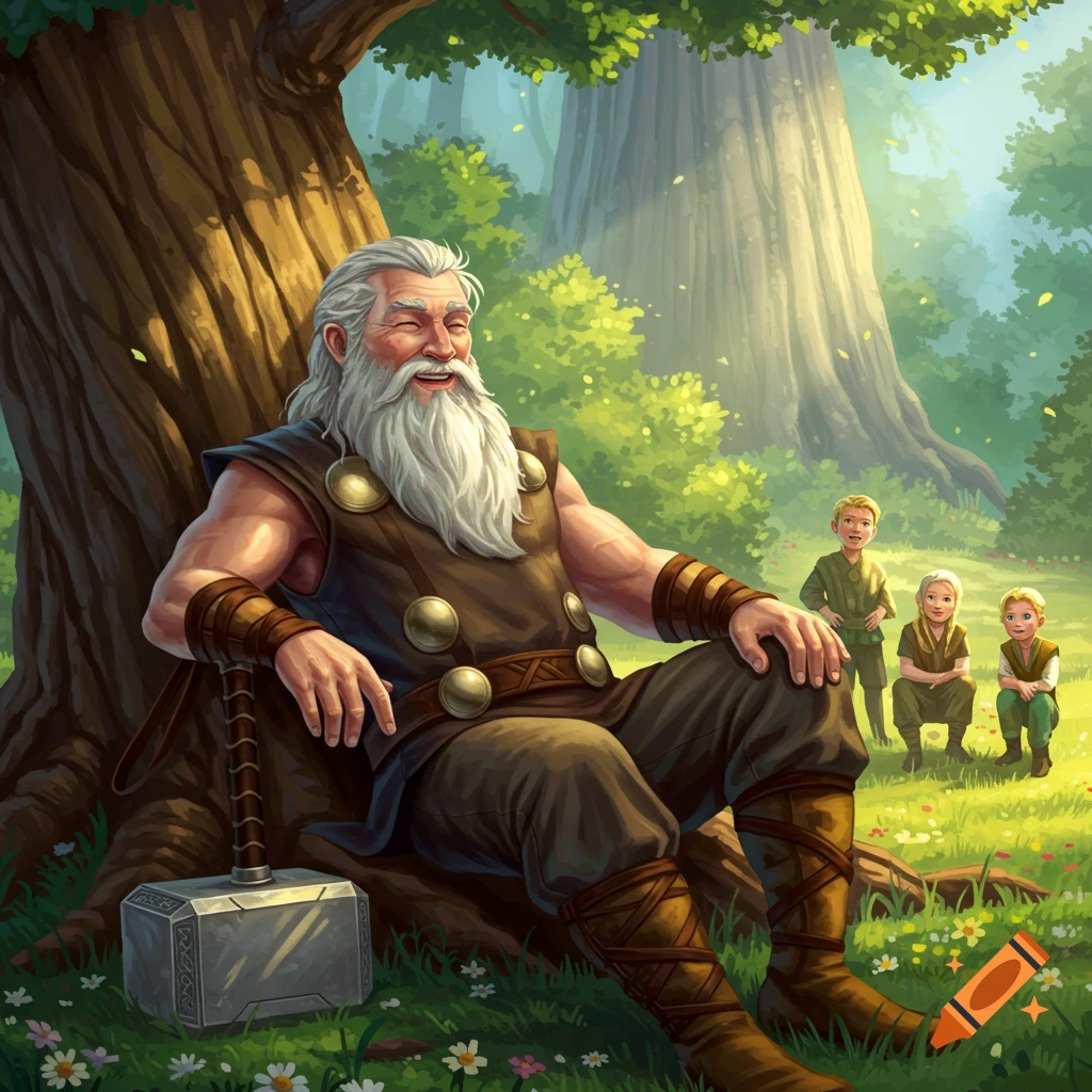 An old man with a long beard sits with his hammer under a tree in a ...
