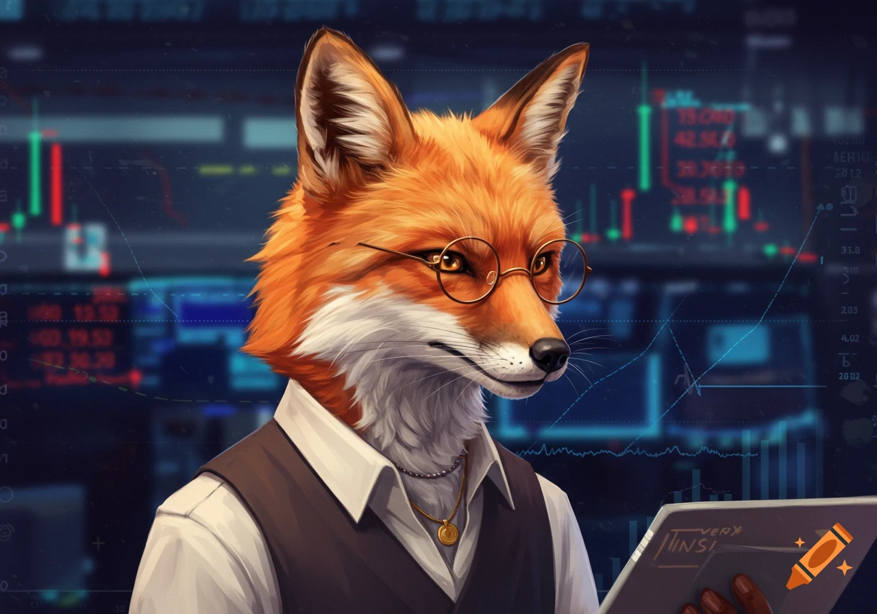 An anthropomorphic fox in a suit and glasses looks at a tablet in front ...