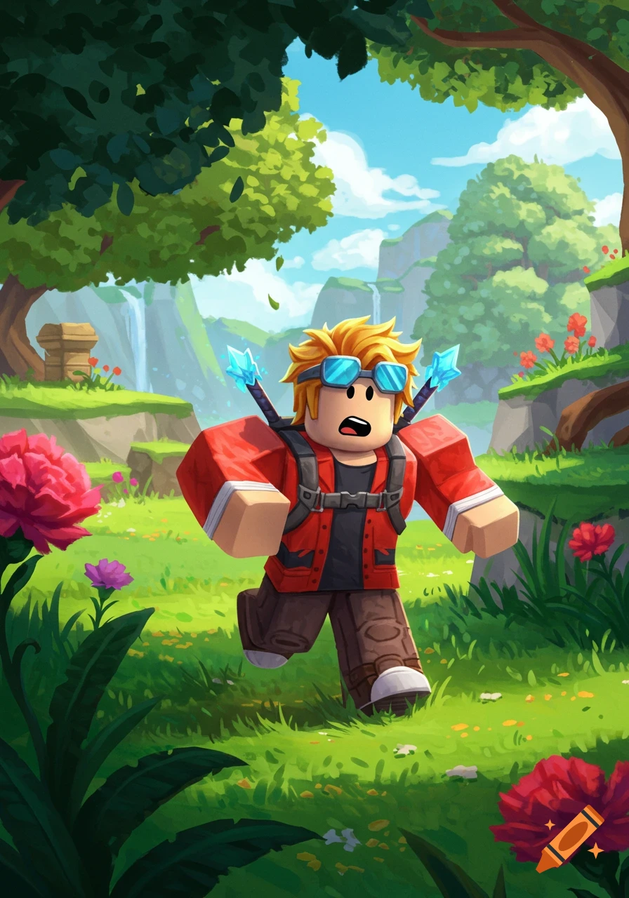 A Roblox character runs through a lush, colorful fantasy landscape with ...