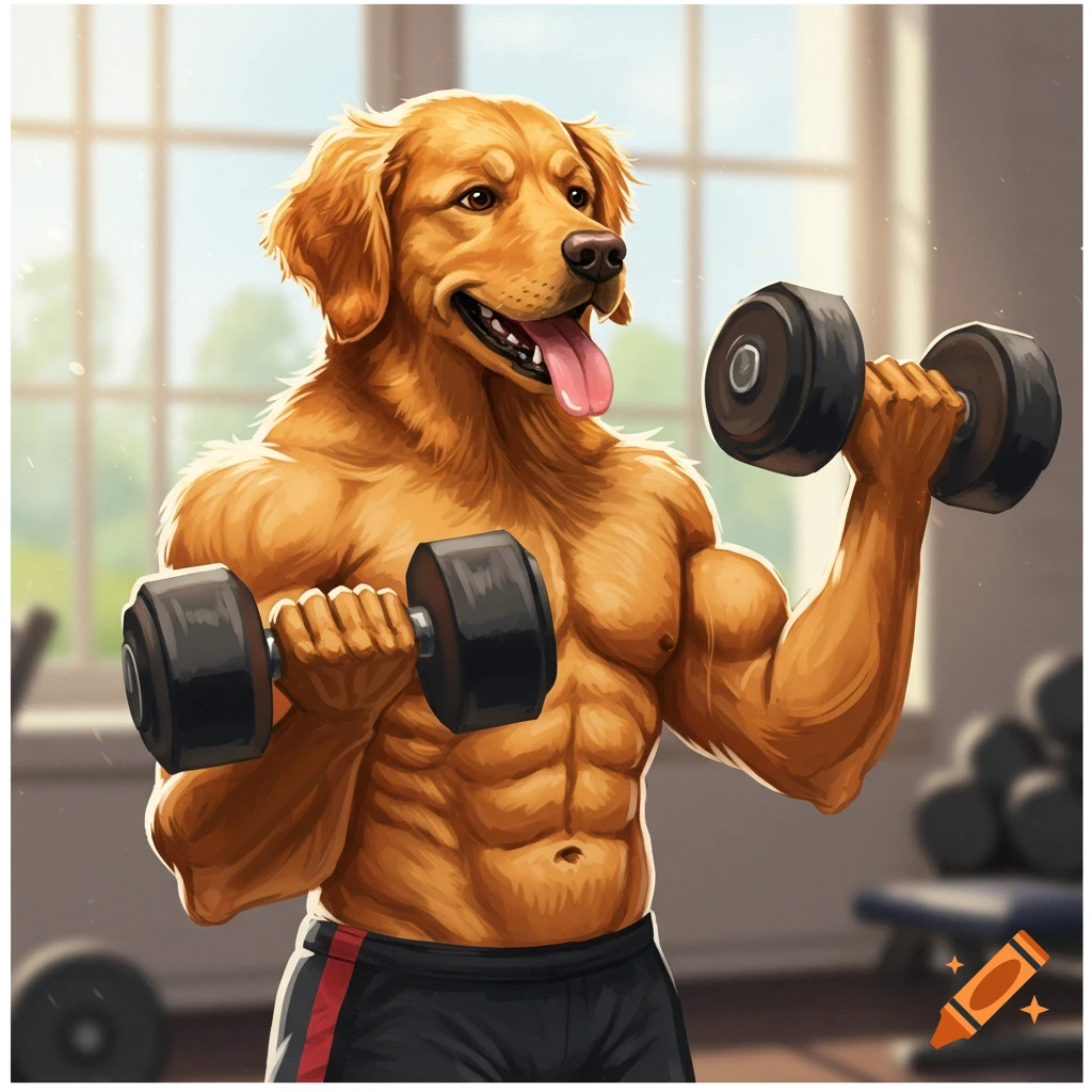 Muscular Golden Retriever dog lifts dumbbells in a gym illustration on ...