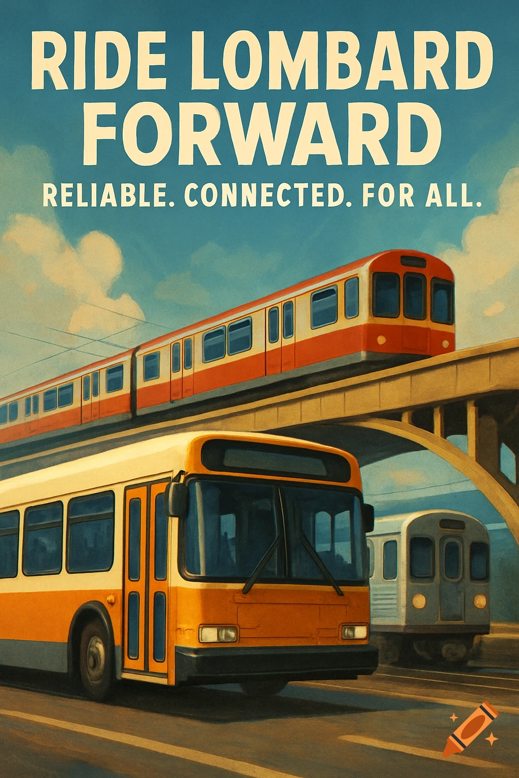 Poster art showing a bus, train, and subway car with the slogan 'Ride ...