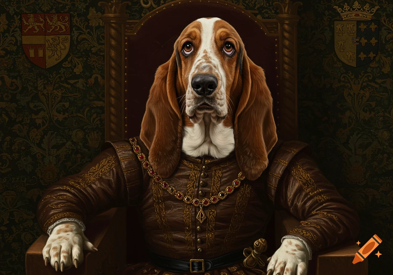 Portrait of a basset hound in historical kingly attire sitting on a ...