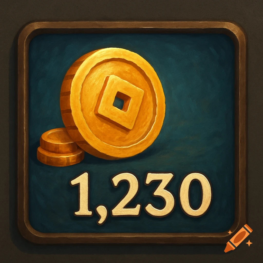 Stylized gold coins with the number 1,230 on a blue background, framed ...