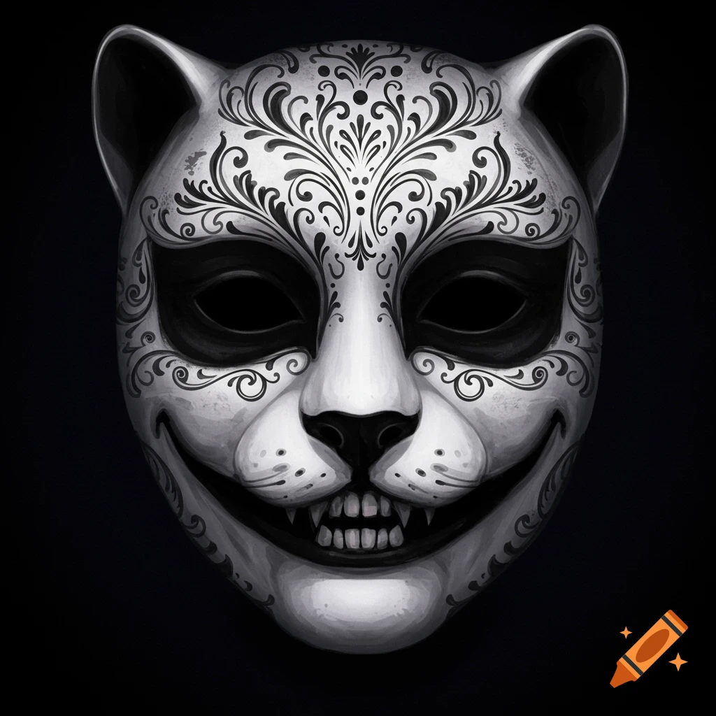 White panther mask with black patterns and creepy smile on dark ...