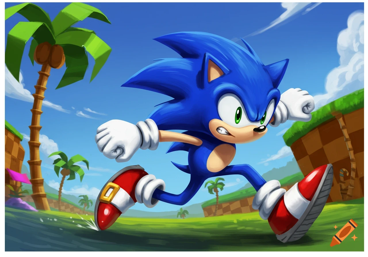 Sonic the Hedgehog running fast through a grassy landscape with palm ...