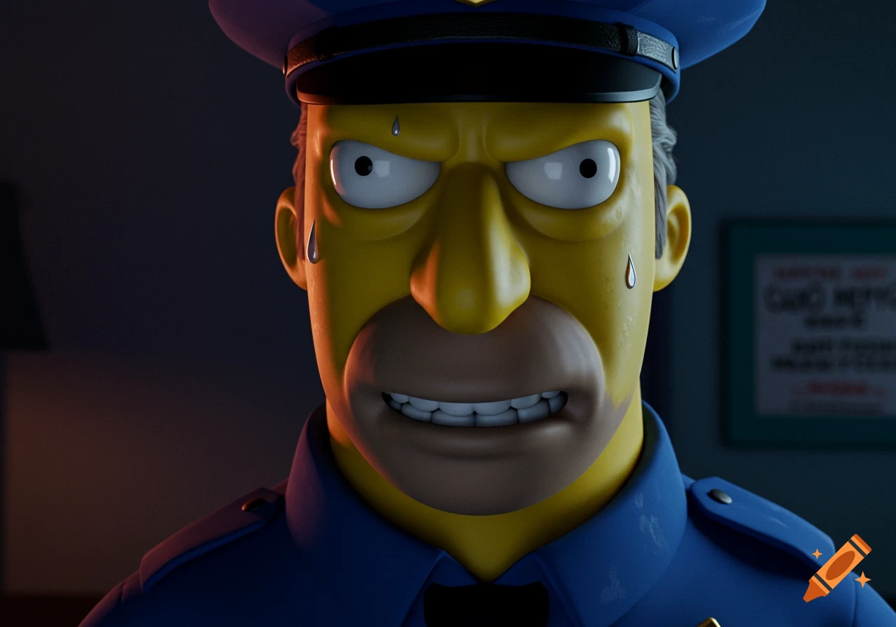 Close-up 3D render of Chief Wiggum from The Simpsons looking evil and ...