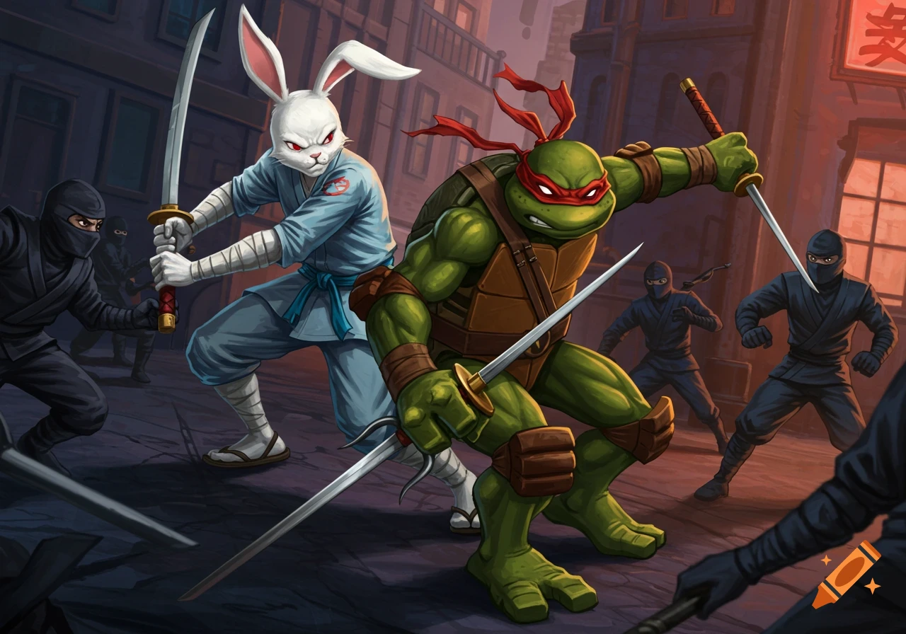 Raphael the Ninja Turtle and Usagi Yojimbo the rabbit samurai fight ...