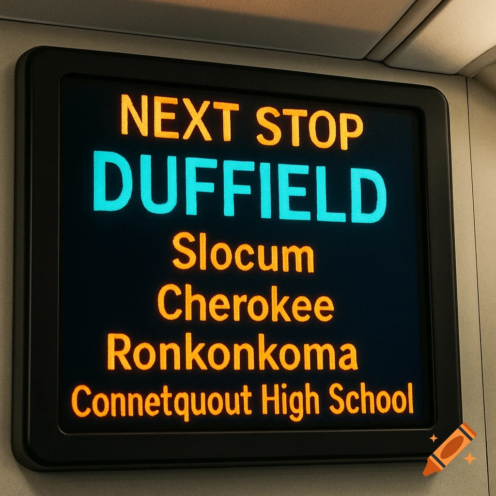Close-up of an electronic train display showing upcoming stops. on Craiyon