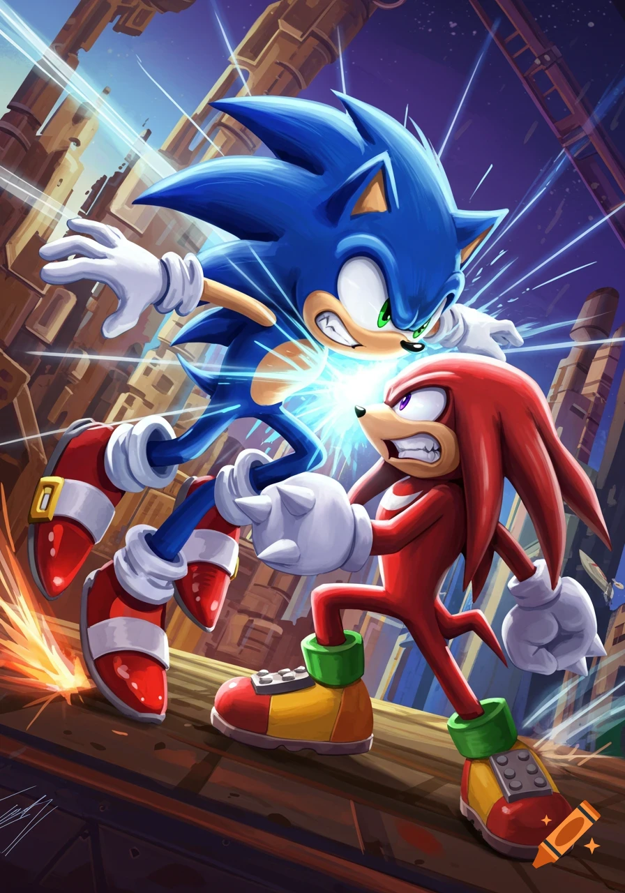 Sonic and Knuckles clash in a dynamic illustration on Craiyon