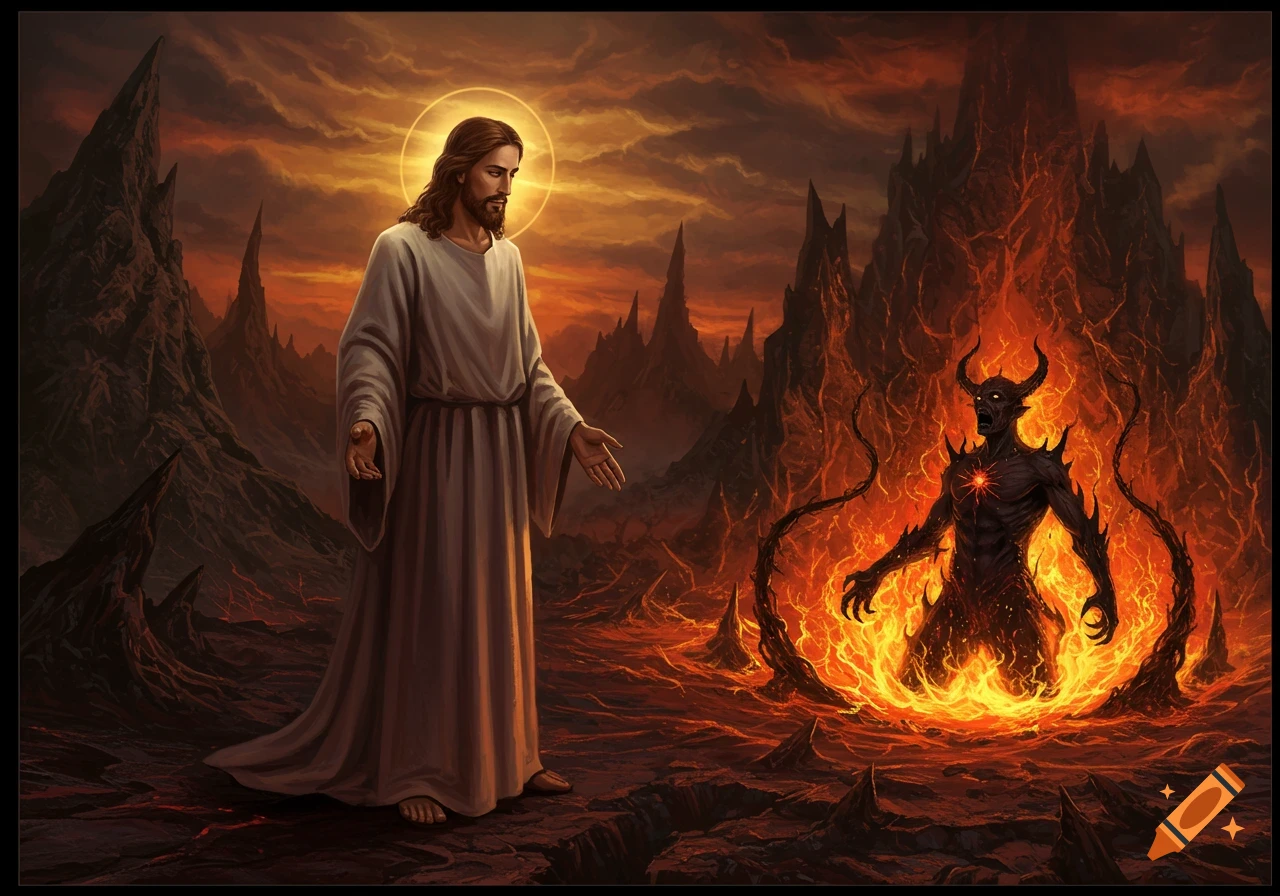 Jesus stands opposite a demonic figure in a fiery, rocky hellscape ...
