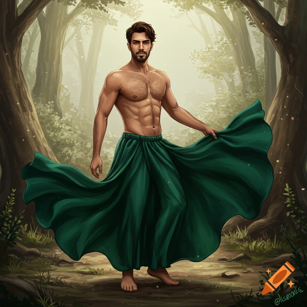 Digital painting of a muscular man in a flowing green skirt in a magical forest on Craiyon