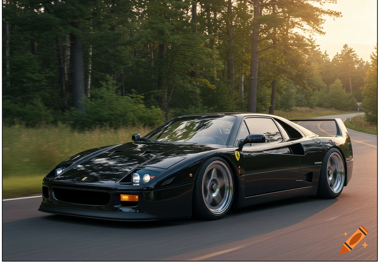 Black Ferrari F40 driving on a forest road at sunset on Craiyon