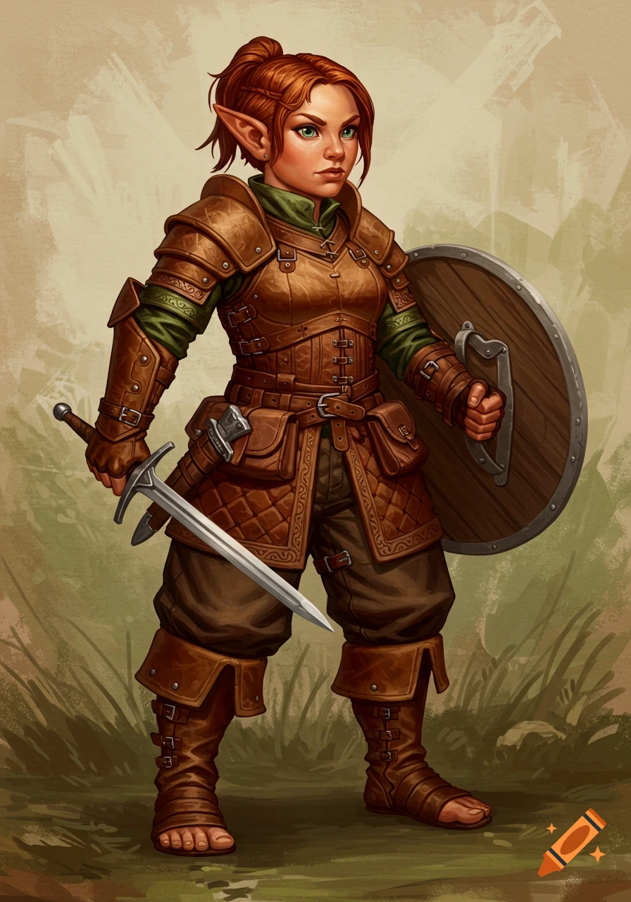 A female Halfling warrior in leather armor holds a sword and shield. on Craiyon