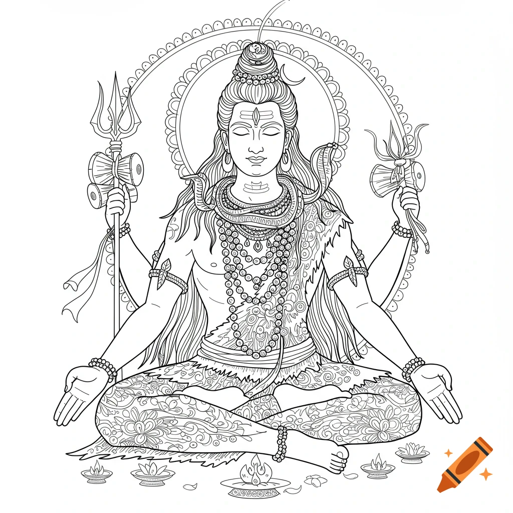 Line art illustration of Lord Shiva meditating in an intricate Hindu ...