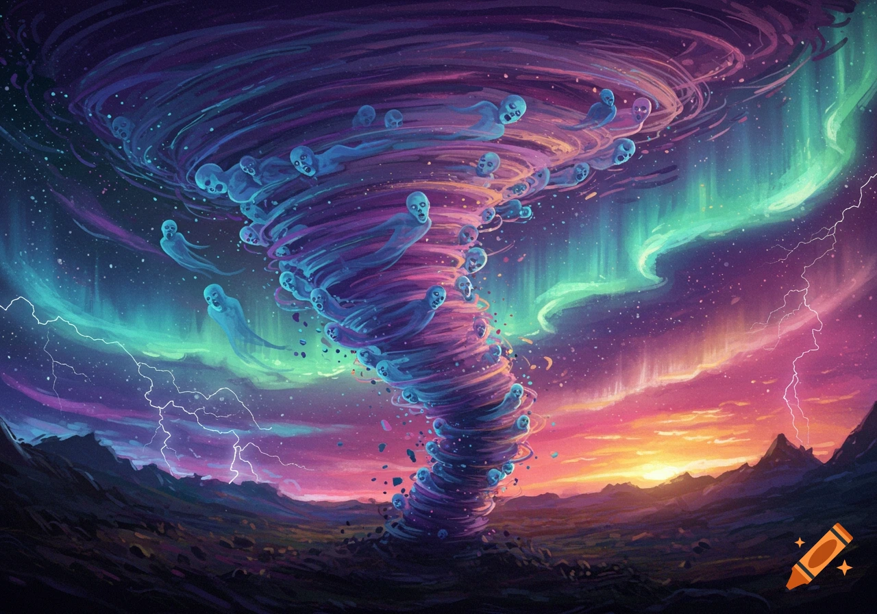 A surreal fantasy image of a purple tornado filled with blue, screaming souls, against a sky ...