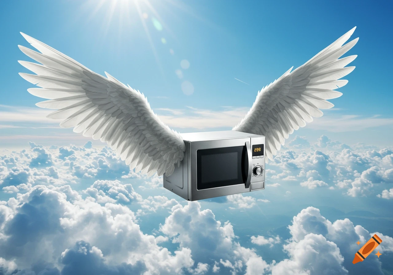 A microwave oven with large white wings flies through a sunny blue sky ...