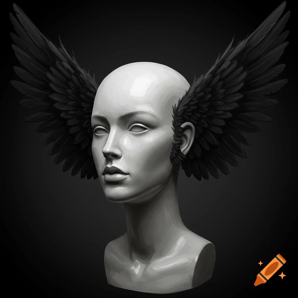 Grayscale sculpture of a bald head with black wings where ears would be. on Craiyon