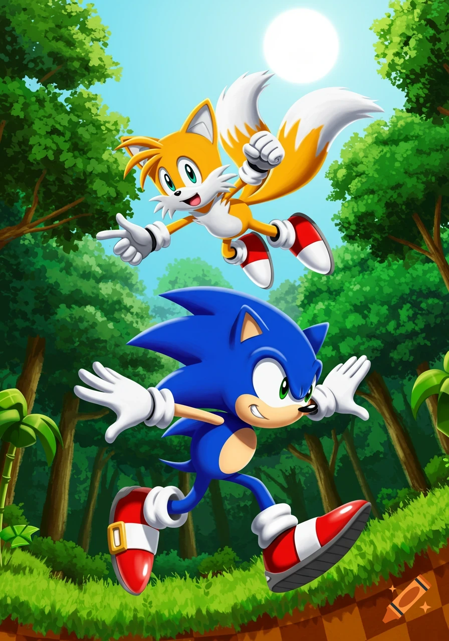 Sonic running on a track below Tails flying in a jungle under a bright ...