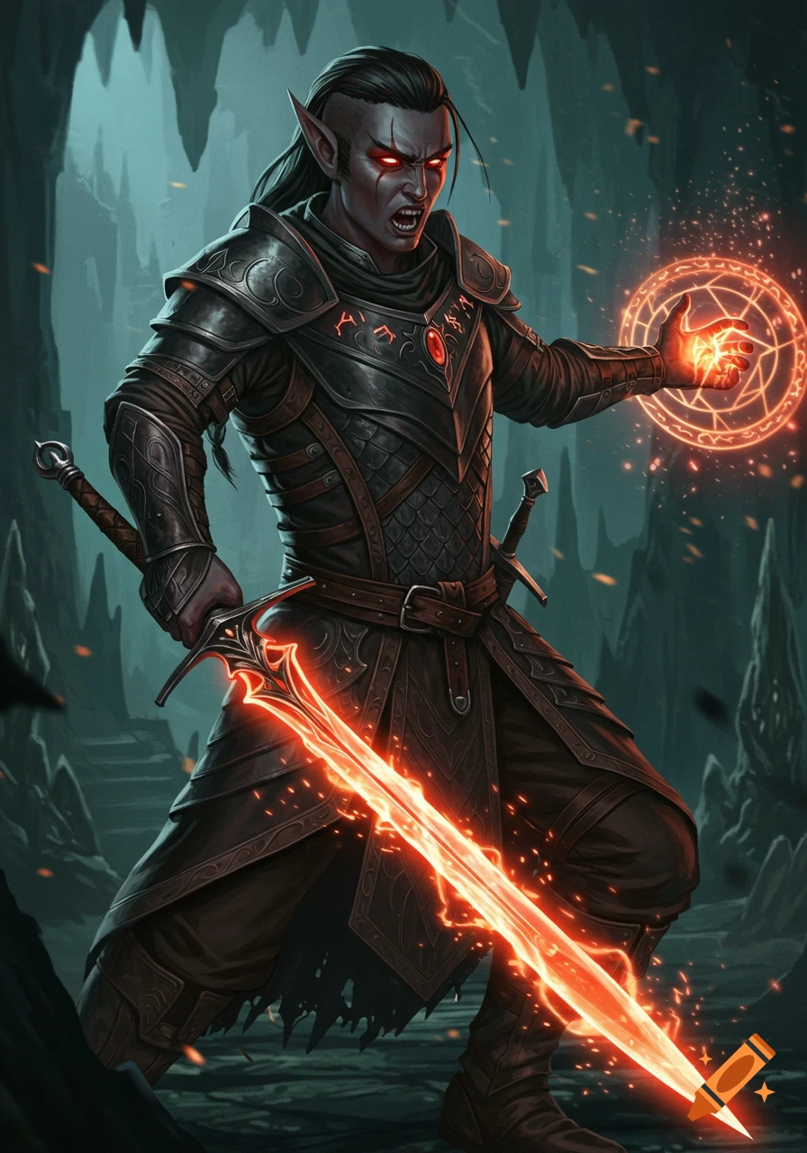 A dark elf spellsword in armor with a glowing sword and spell circle in ...