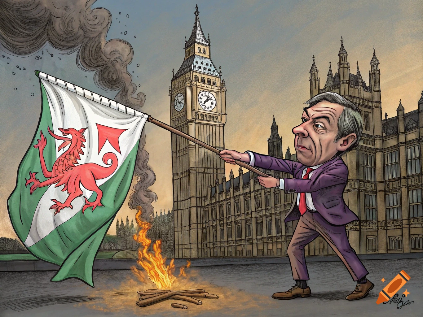 Cartoon caricature of Nigel Farage burning the Welsh flag in front of ...