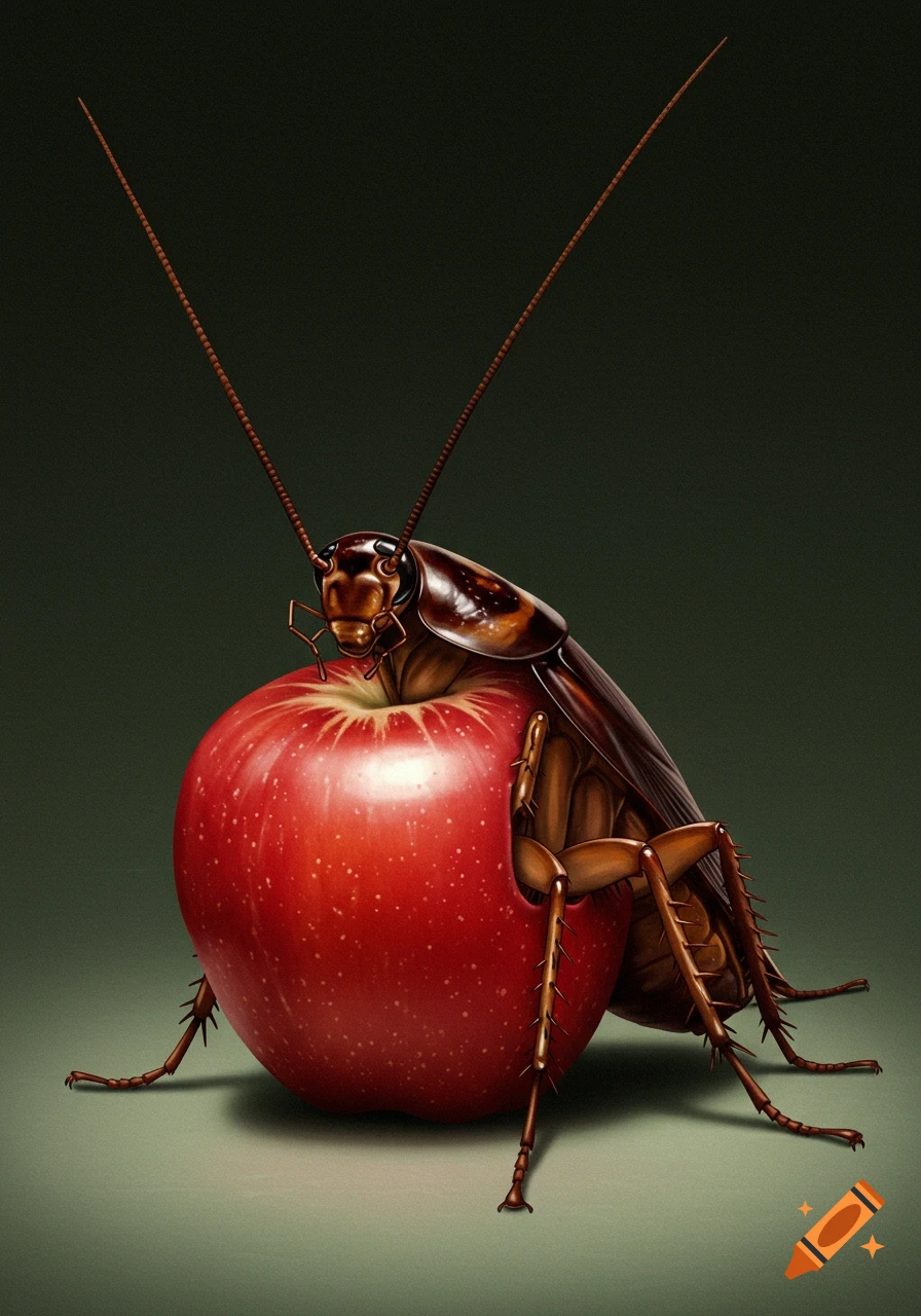 An illustration of a large cockroach standing on a red apple. on Craiyon