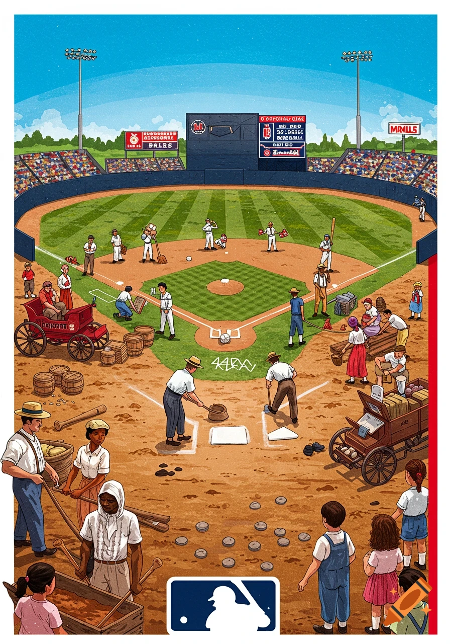 Illustration of a vintage baseball field with people preparing for a ...