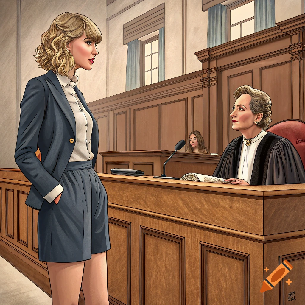Illustration of a woman standing before a judge in a courtroom. on Craiyon
