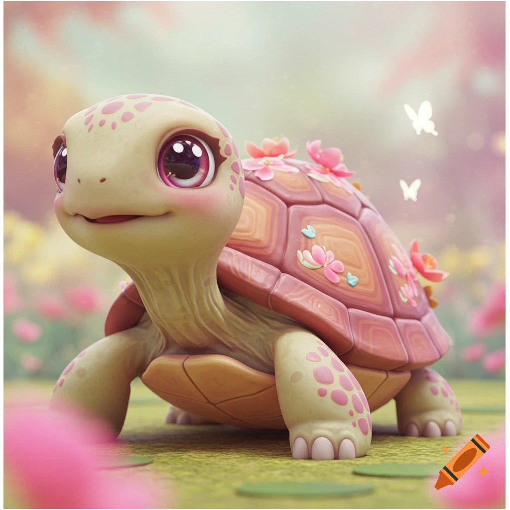 A cute anime turtle with flowers on its shell in a garden. on Craiyon