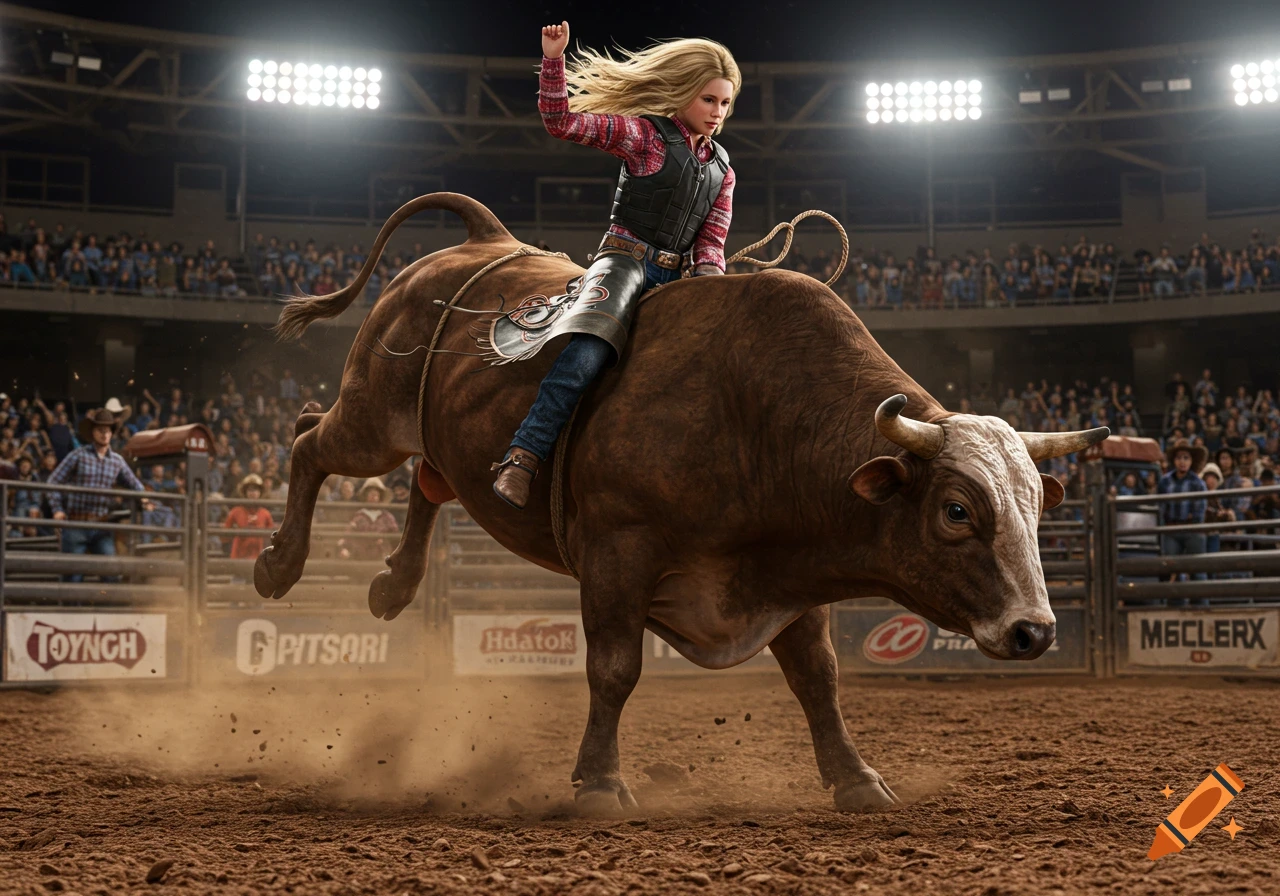 Blonde girl rides a bucking bull in a realistic rodeo arena. on Craiyon