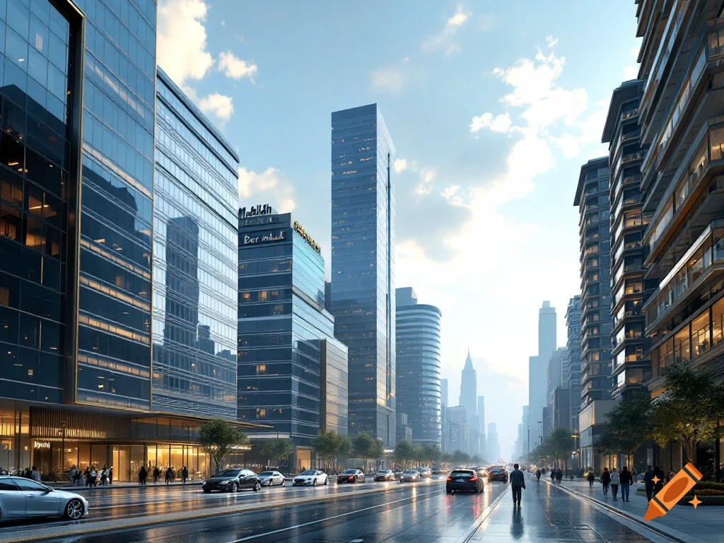 Realistic view of a busy city street with modern buildings, traffic ...