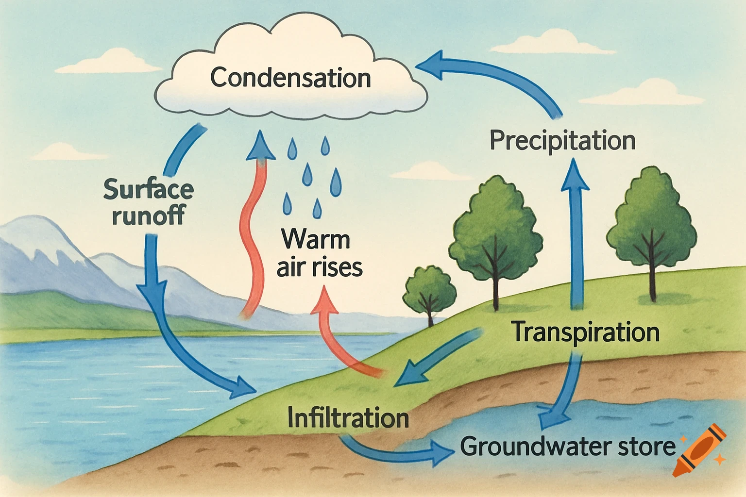 Diagram illustrating the water cycle with labels. on Craiyon