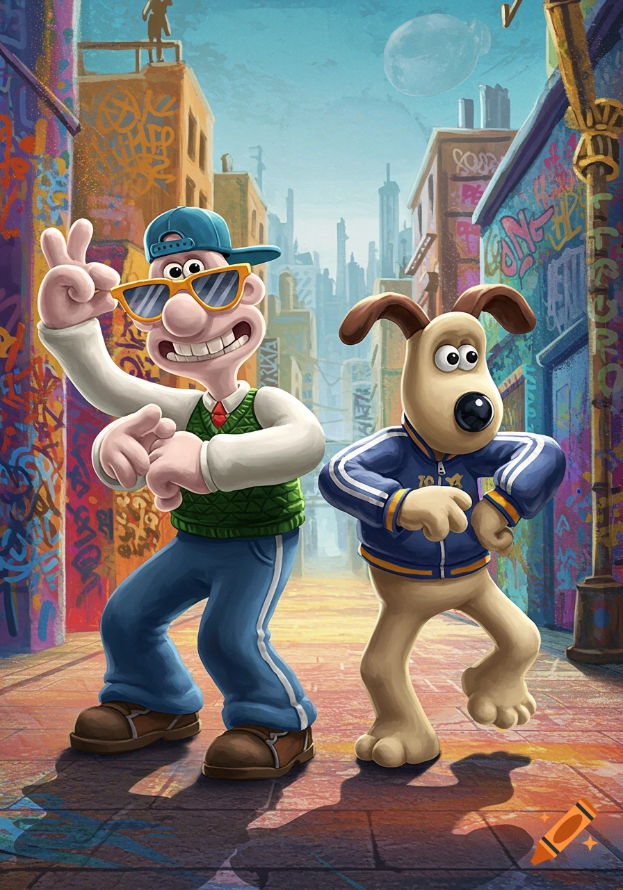 Wallace and Gromit dancing hip hop in a graffiti-covered city street ...
