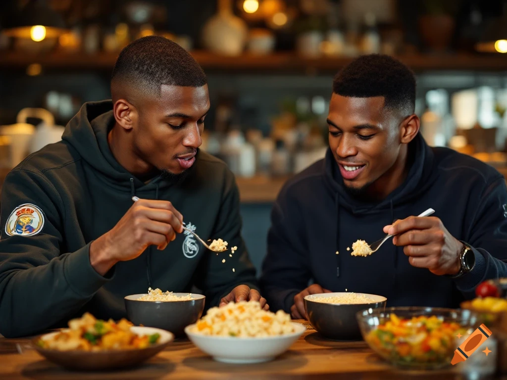 Two men eat meals at a table. on Craiyon