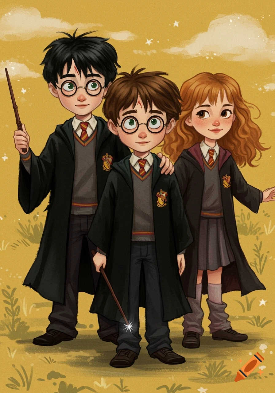 Three young characters resembling Harry, Ron, and Hermione in wizard ...