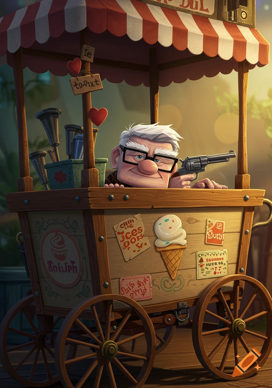 Cartoon depiction of Carl from Up hiding behind an ice cream cart with ...