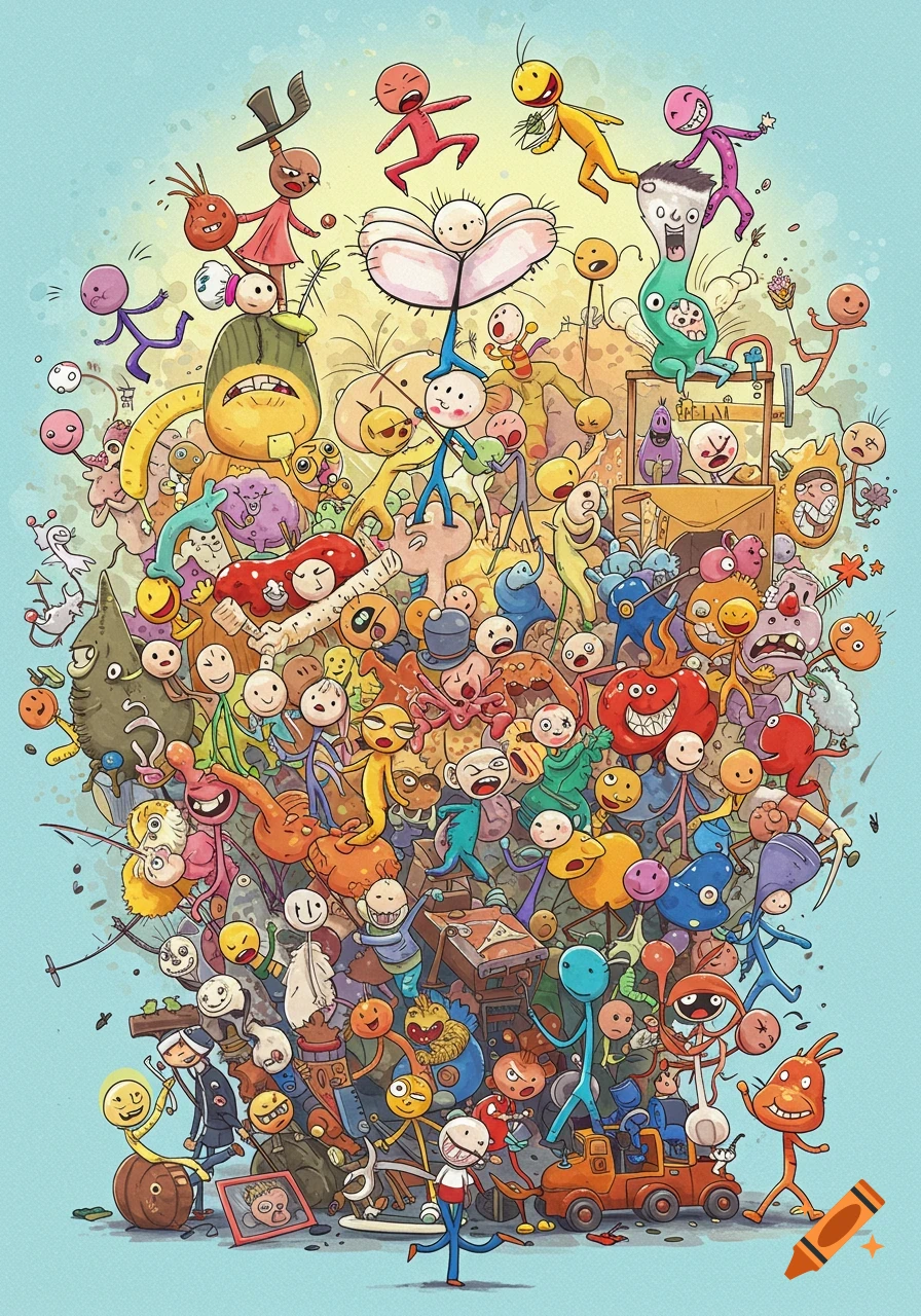 A large, detailed cartoon illustration of a dense crowd of colorful ...