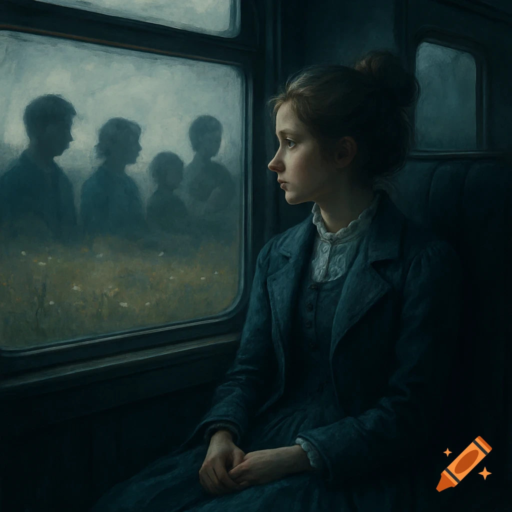 Girl looking out a train window with blurry figures reflected in the ...