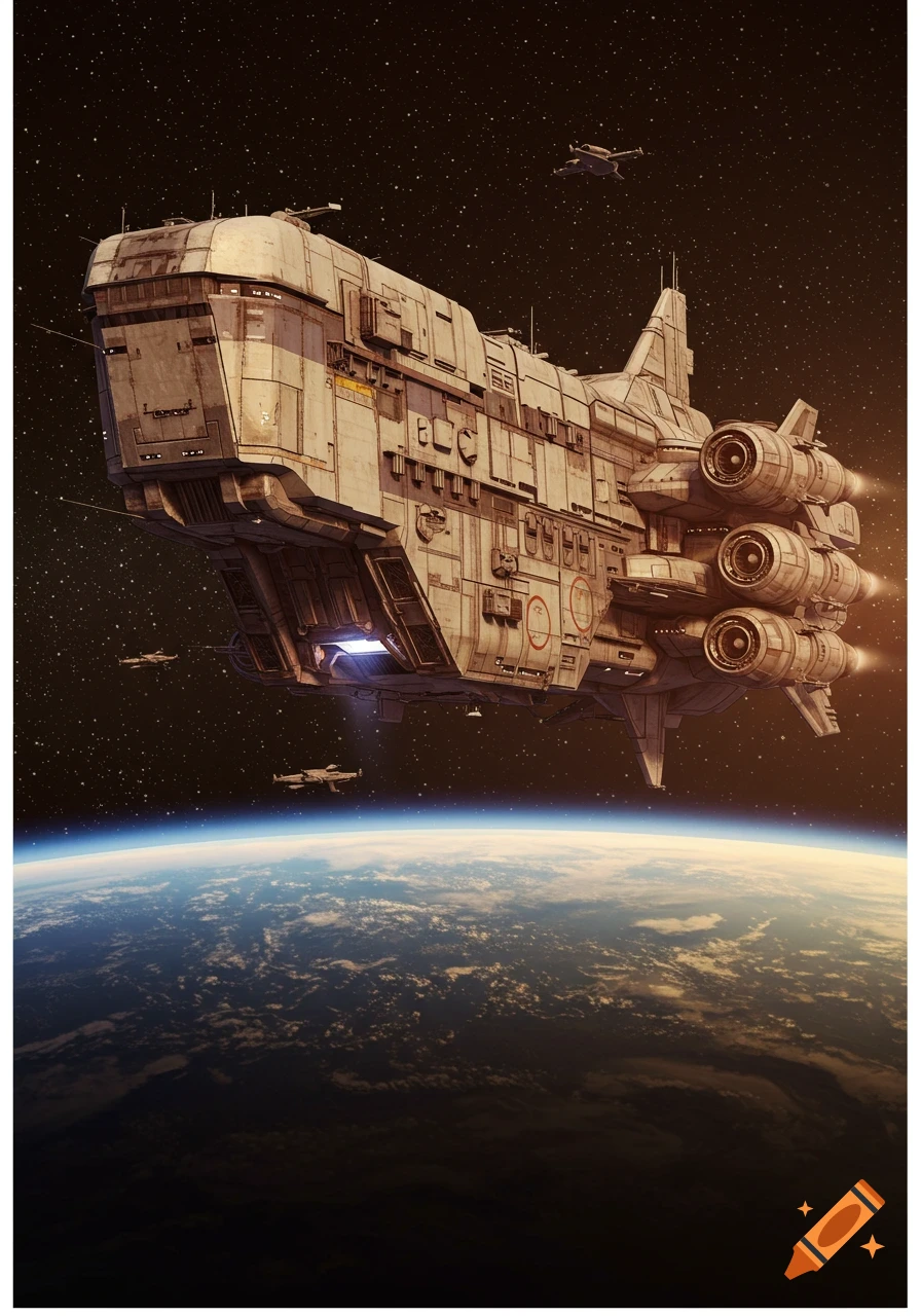 A large, old spaceship orbits a planet, with smaller ships around it ...