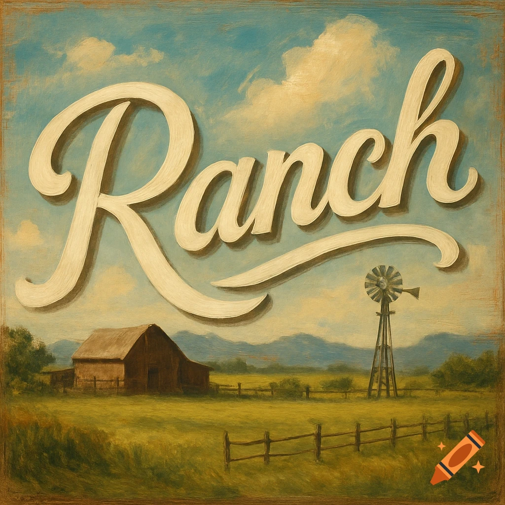 Painting of a ranch landscape with a barn and windmill, featuring the ...