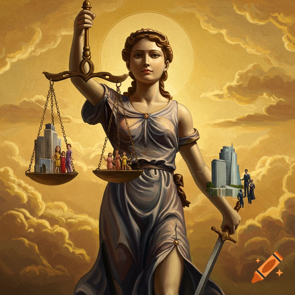 Lady Justice holds a scale balancing a family and buildings against ...