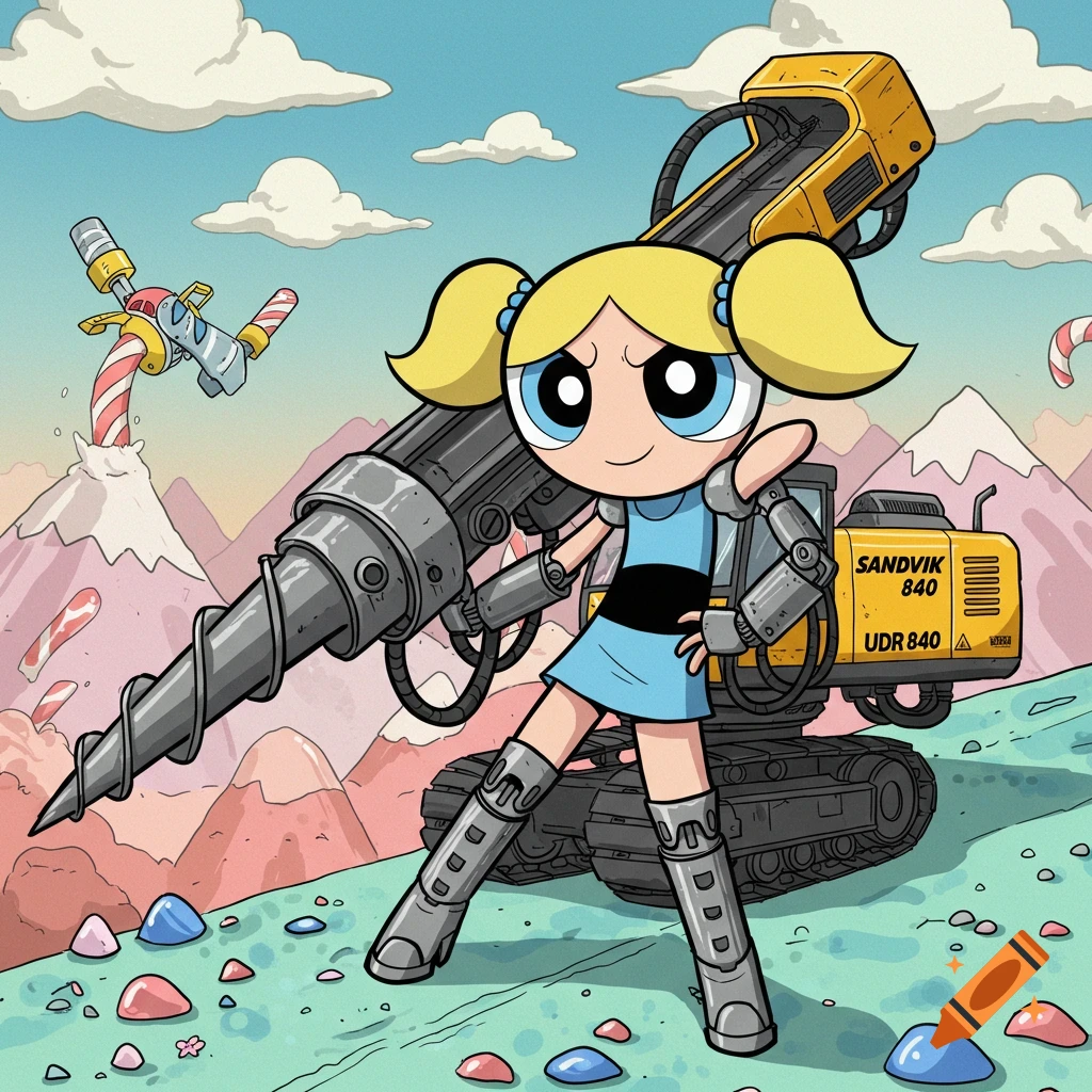 Bubbles from Powerpuff Girls holding a large drill attached to a yellow ...