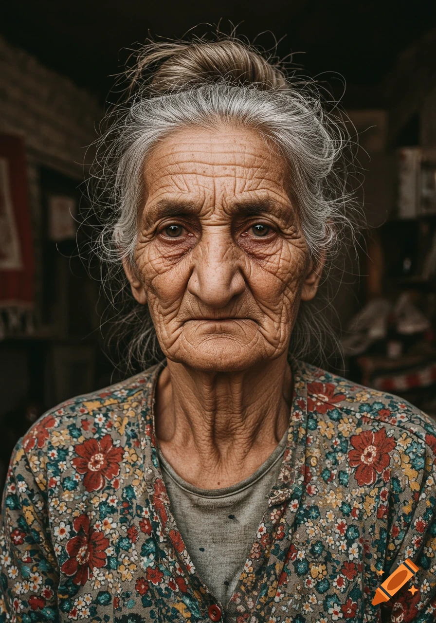 A close-up portrait of an elderly woman with deep wrinkles and gray ...