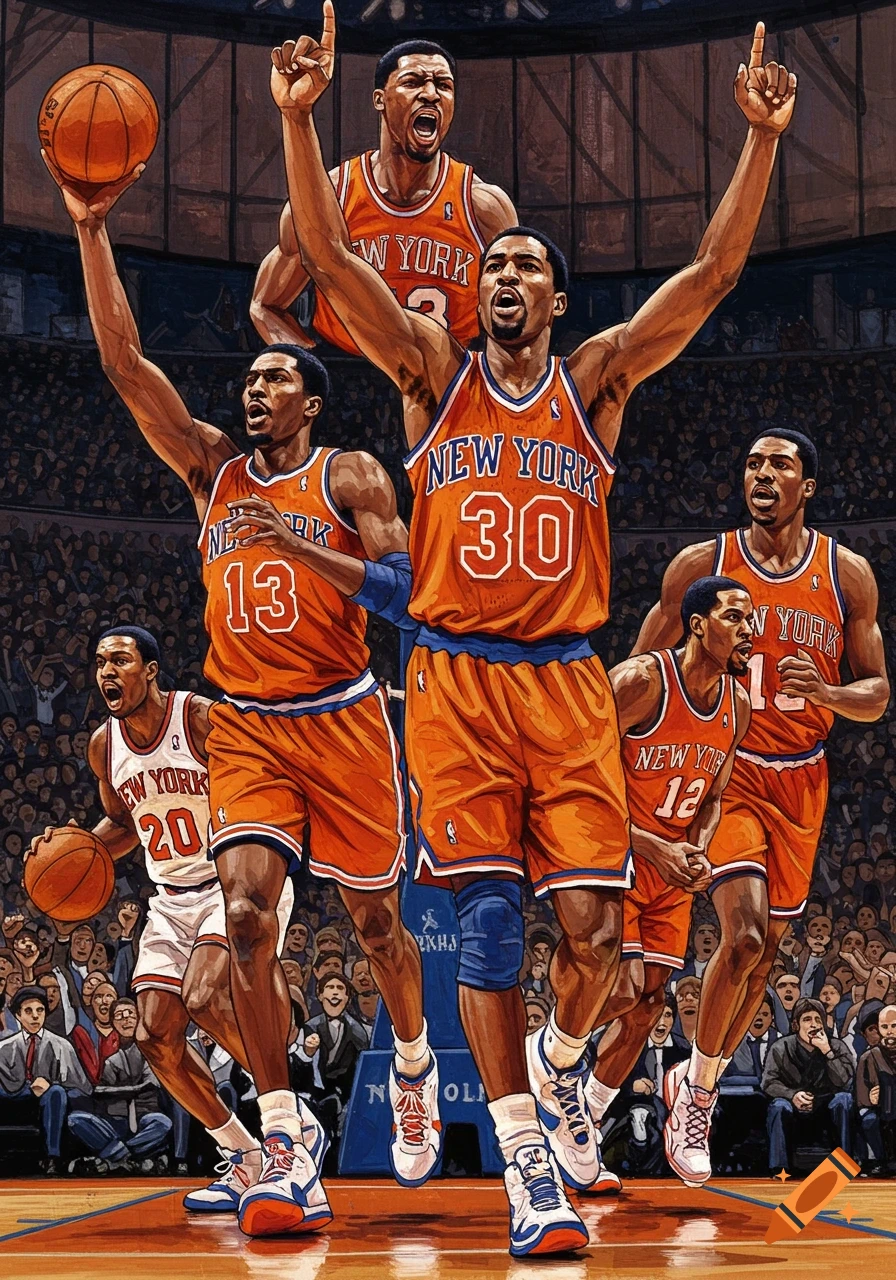 Illustration of multiple New York Knicks basketball players in orange ...