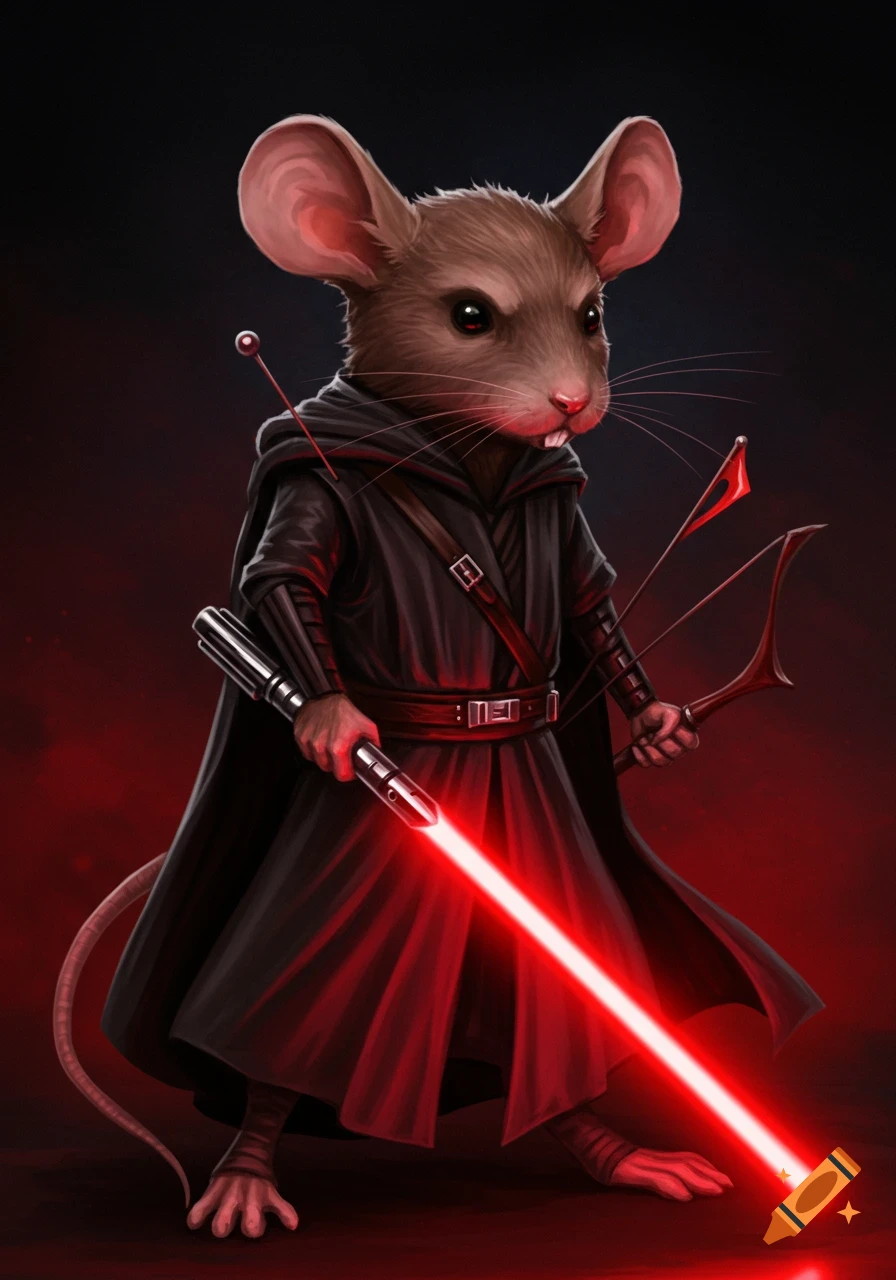 A mouse dressed as a Sith Lord holds a red lightsaber and bow. on Craiyon