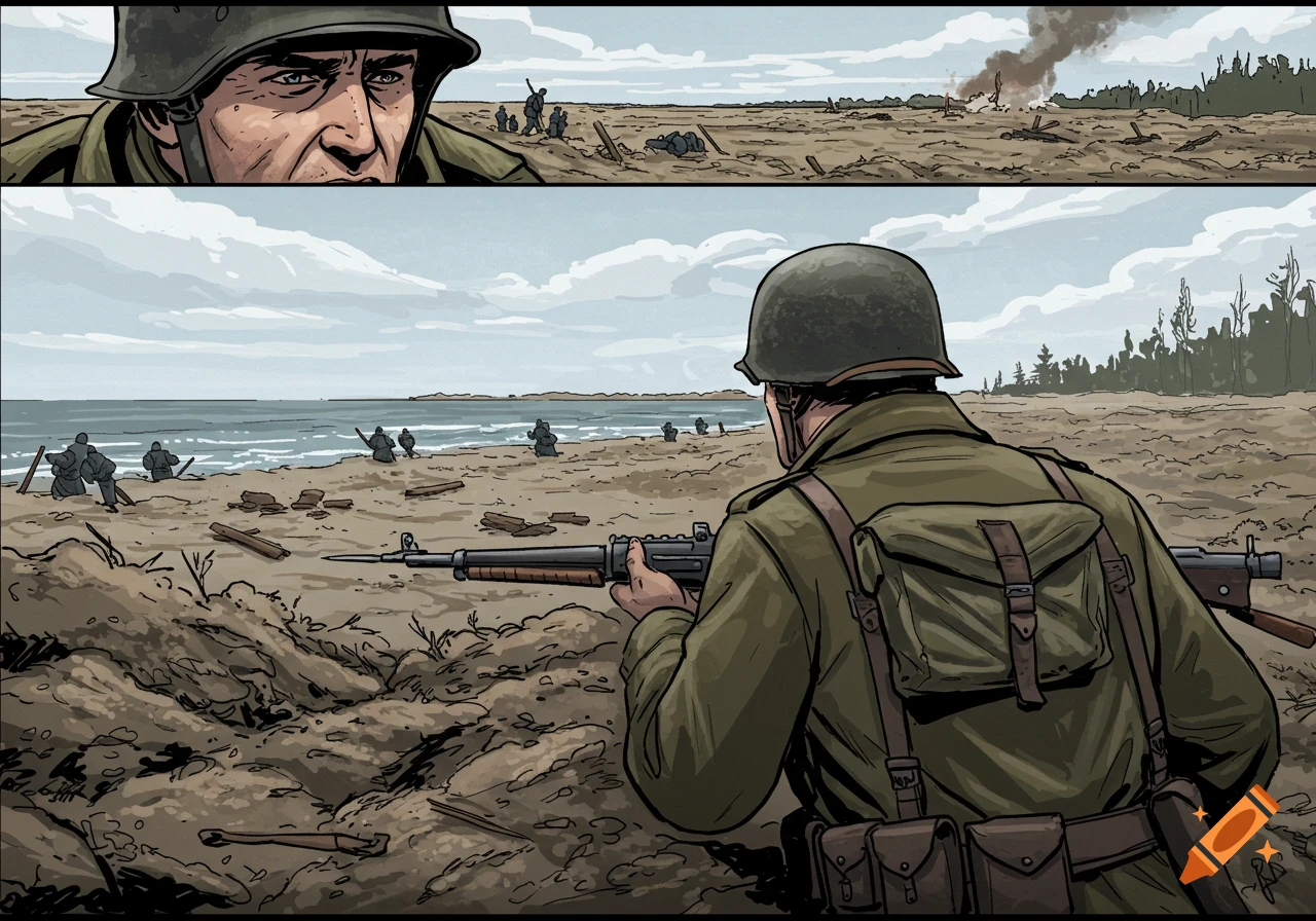 Comic book panels of a soldier's face and soldiers on a beach ...