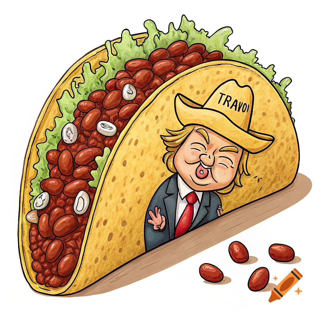 Cartoon taco with a caricature of Donald Trump inside, wearing a hat ...