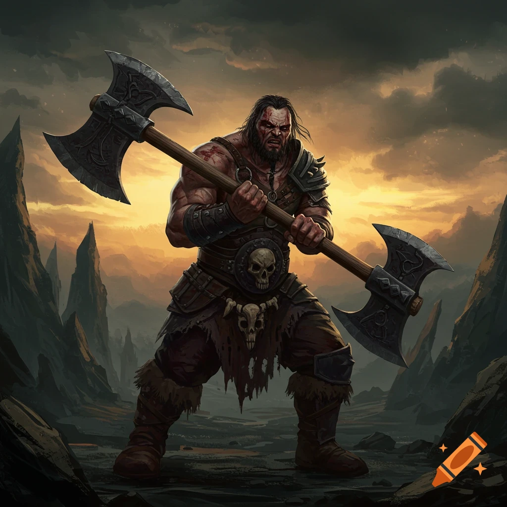 Muscular barbarian holds a large double axe in a rocky landscape under a stormy sky. Digital ...